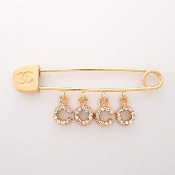 CHANEL | Jewelry | Chanel P Coco Rhinestone Pin Brooch Gold Womens ...